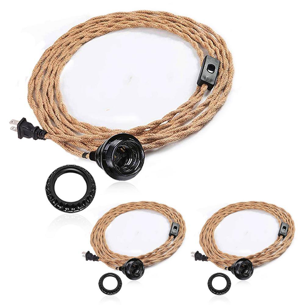 YANSUN 1-Light Vintage Plug-In Hanging Pendant with Hemp Rope and Black ...