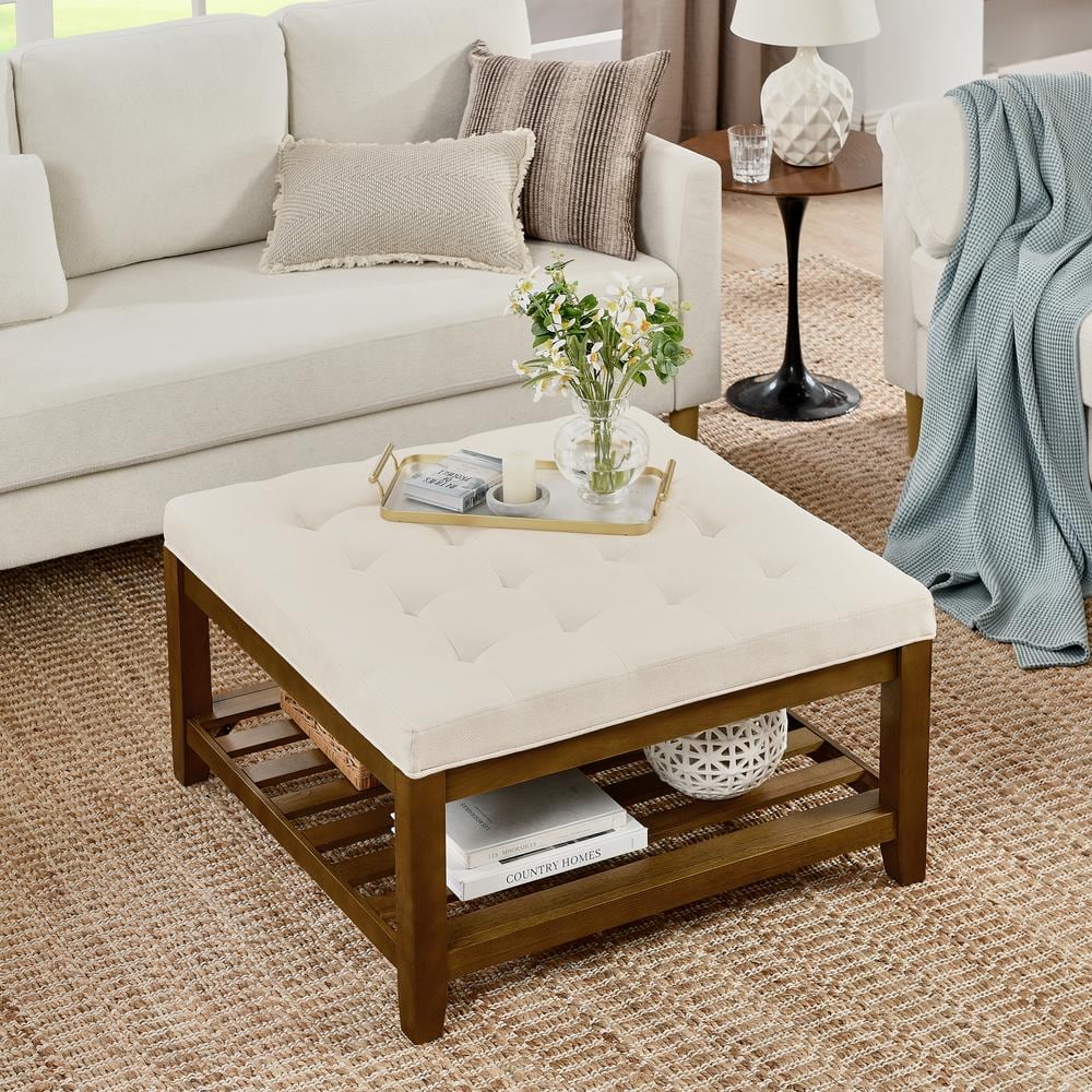 Noble House Yorsa 33.5 in. Ivory Modern Upholstered Square Coffee Table ...
