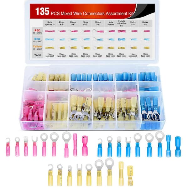 135-Piece Heat Shrink Wire Connector Kit with Ring Fork Hook Spade and ...
