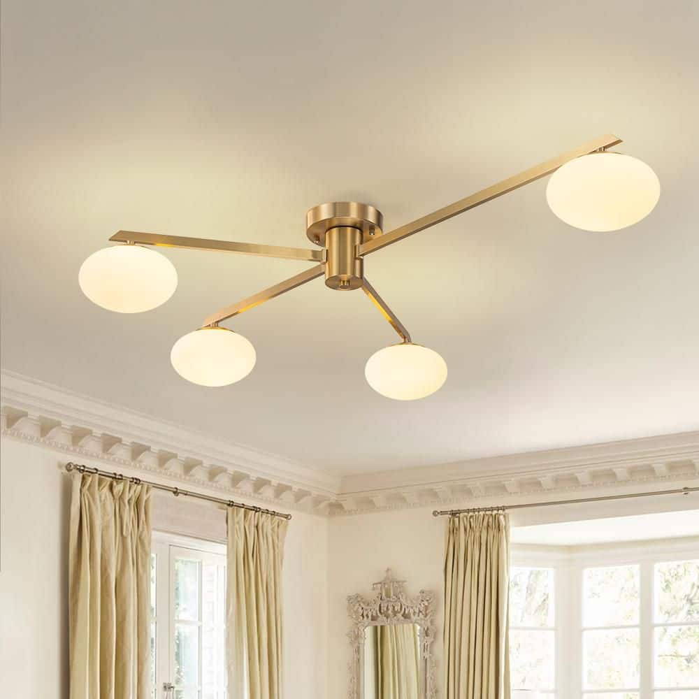Y'INSP Lumo Orb 37 in. 4-Light Brushed Gold Mid-Century Pendant Ceiling Light Sputnik Semi-Flush ...
