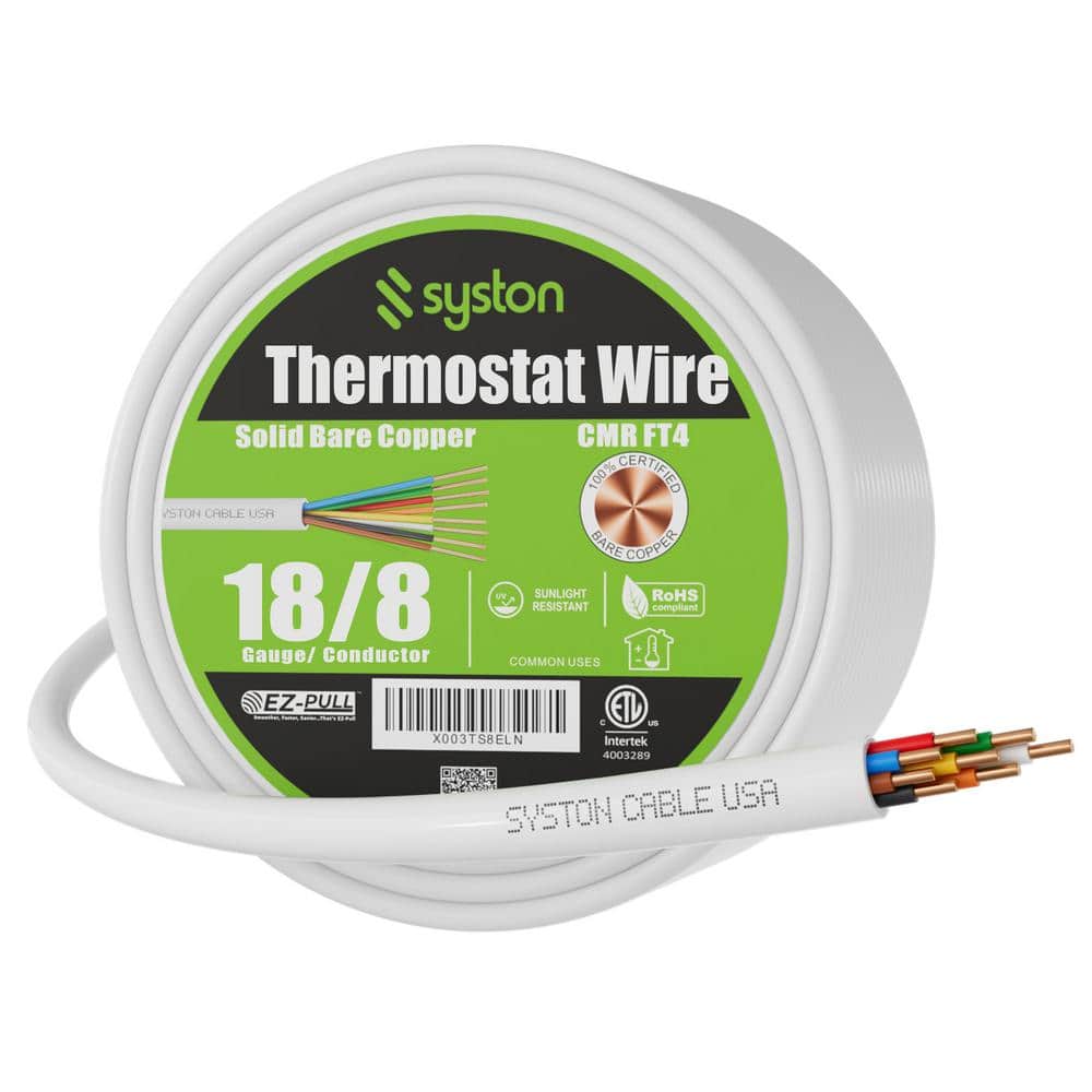 Syston Cable Technology 100 ft. 18/8 White Solid Bare Copper CMR/CL3R Thermostat Wire Doorbell ...
