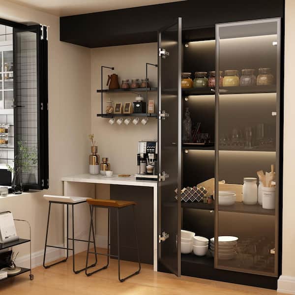 FUFU GAGA LED Lights Buffet Sideboard Cupboard Food Pantry With Tempered Glass Doors and Aluminum Framed KF020275 01 KPL The Home Depot