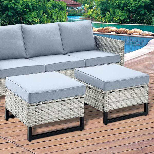 Opohoro U-Weave Metal and Light Beige Wicker Outdoor Ottoman with ...