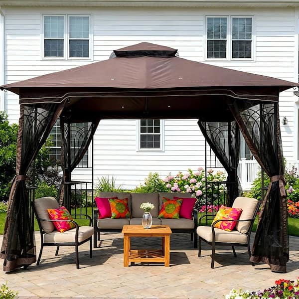 GoldHydroin 13 ft. x 10 ft. Outdoor Gazebo with Double Roof, Mosquito ...
