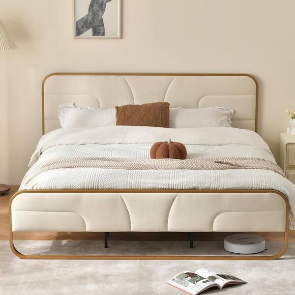 Ahokua Cream White Frame King Size Soft Velvet Platform Bed with 10 in. Under Bed Storage Supported by Metal and Wooden Slats BM002 YJ CR K