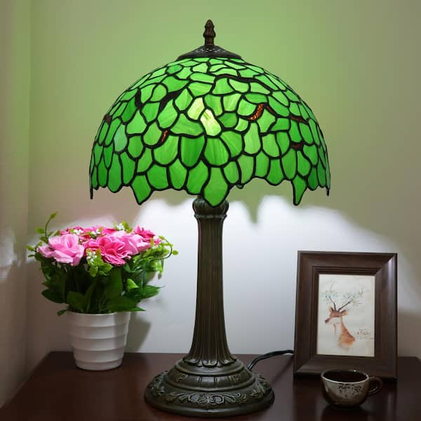 Lasaideal 19 in. Tiffany Style Multicolored Table Lamp with Green Leaf ...
