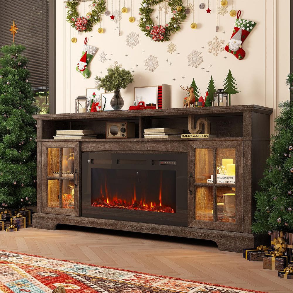 Sizzim 70 in. Freestanding Floor Wooden Surround Electric Fireplace TV ...