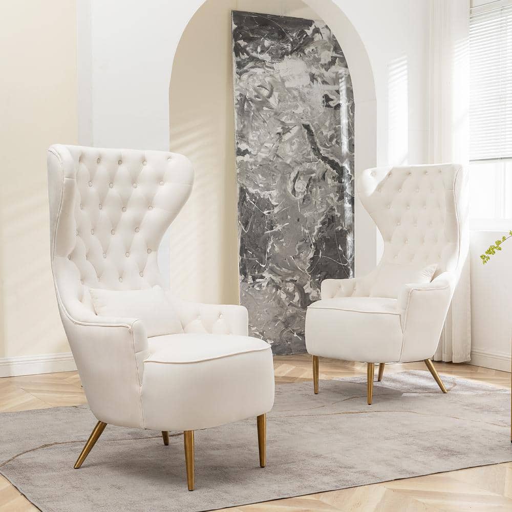 KINWELL Cream Upholstered Tufted Velvet High Wingback Chair (Set of 2 ...