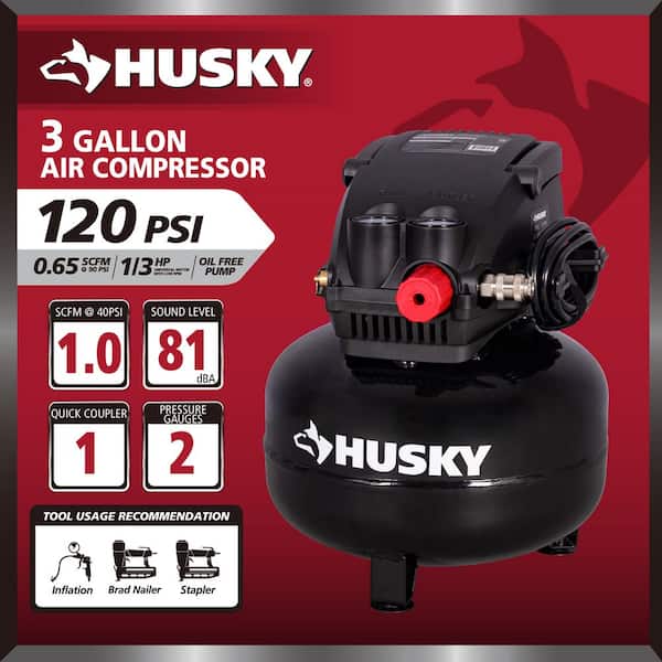 Husky 3 Gal. 120 PSI Portable Electric Oil-Free Light Duty Pancake Air ...