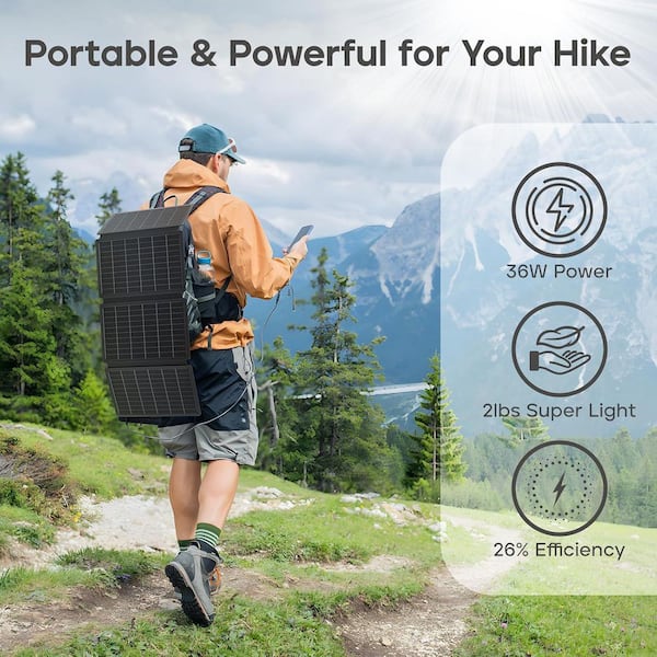 EKIEUDL Portable Solar Panel 36W Foldable High-Efficiency USB QC and PD ...