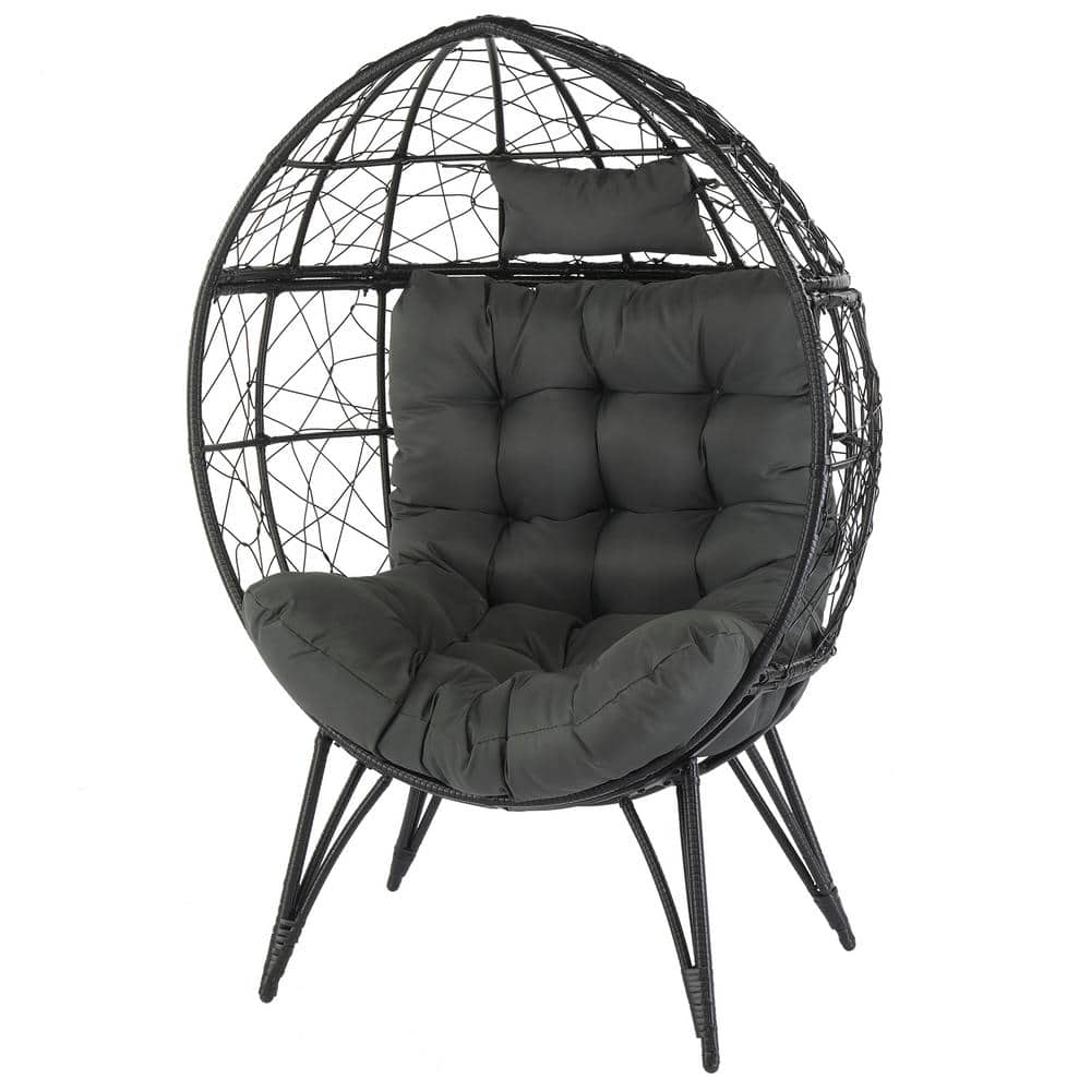 VINGLI Black Wicker Outdoor Lounge Chair with Grey Cushion Oversized ...