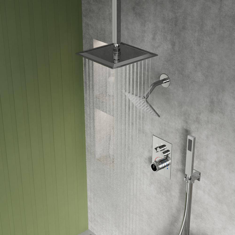 YAWWALK Thermostatic 7-Spray Square Dual Shower Head Shower System with ...
