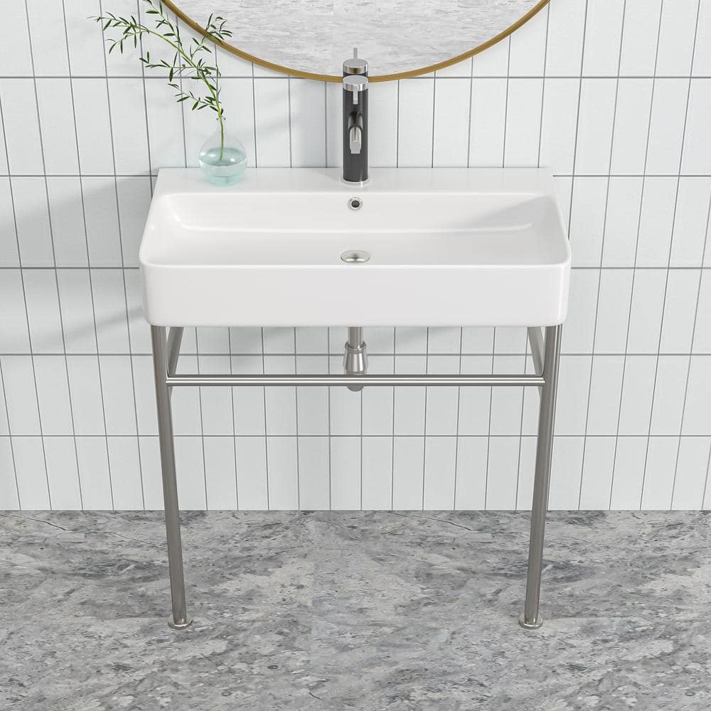 Sarlai 35 in. Ceramic White Single Bowl Console Sink Basin and Silver ...