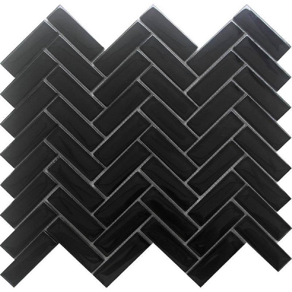 Apollo Tile Black 4 in. x 5 in. Polished Herringbone Glass Mosaic Tile ...