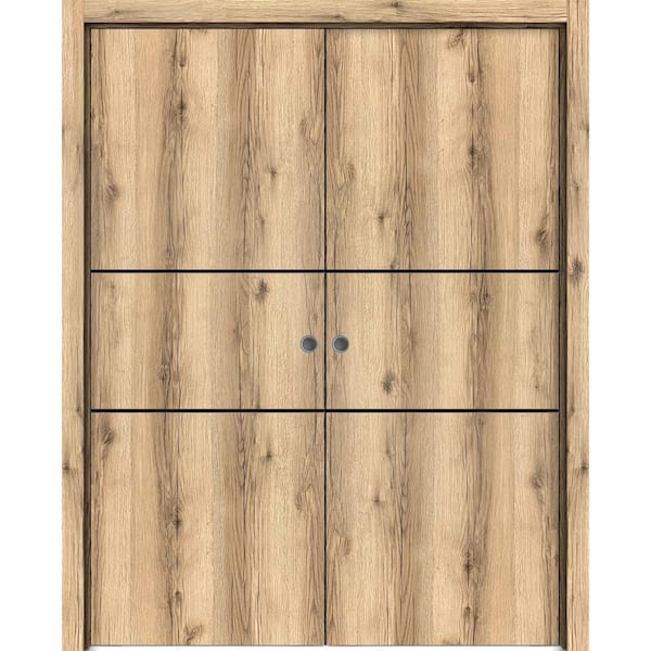 Sartodoors 60 in. x 80 in. 2 Panel Oak Finished Solid Wood Sliding Door ...