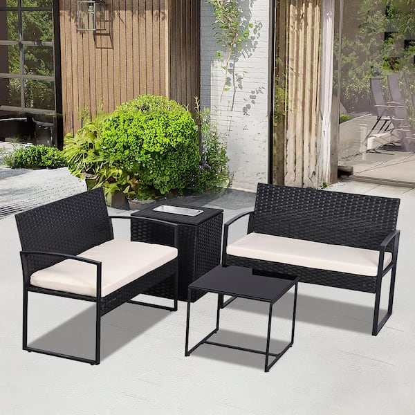 Modern 4-Piece Black Wicker Outdoor Patio Conversation Set with Beige ...