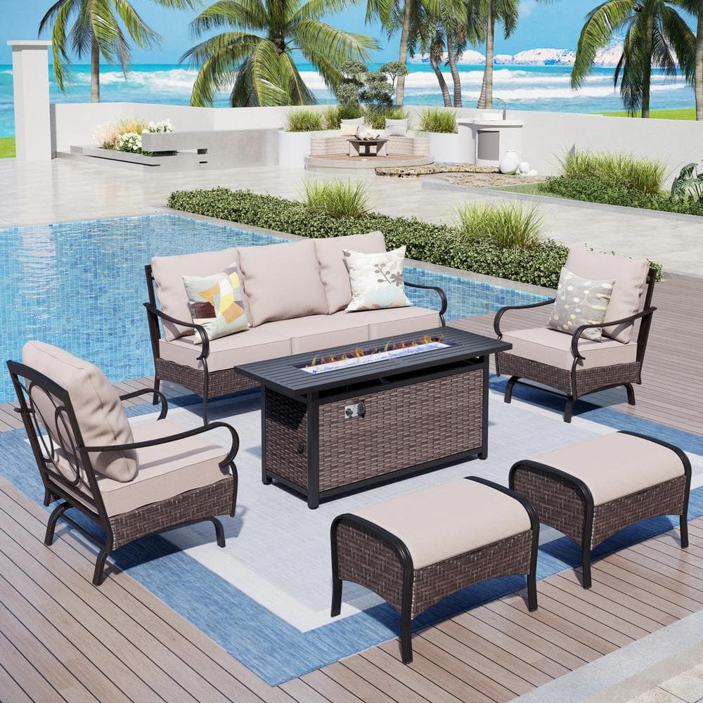 PHI VILLA Metal Frame Dark Brown Rattan 6-Piece Steel Outdoor Fire Pit ...