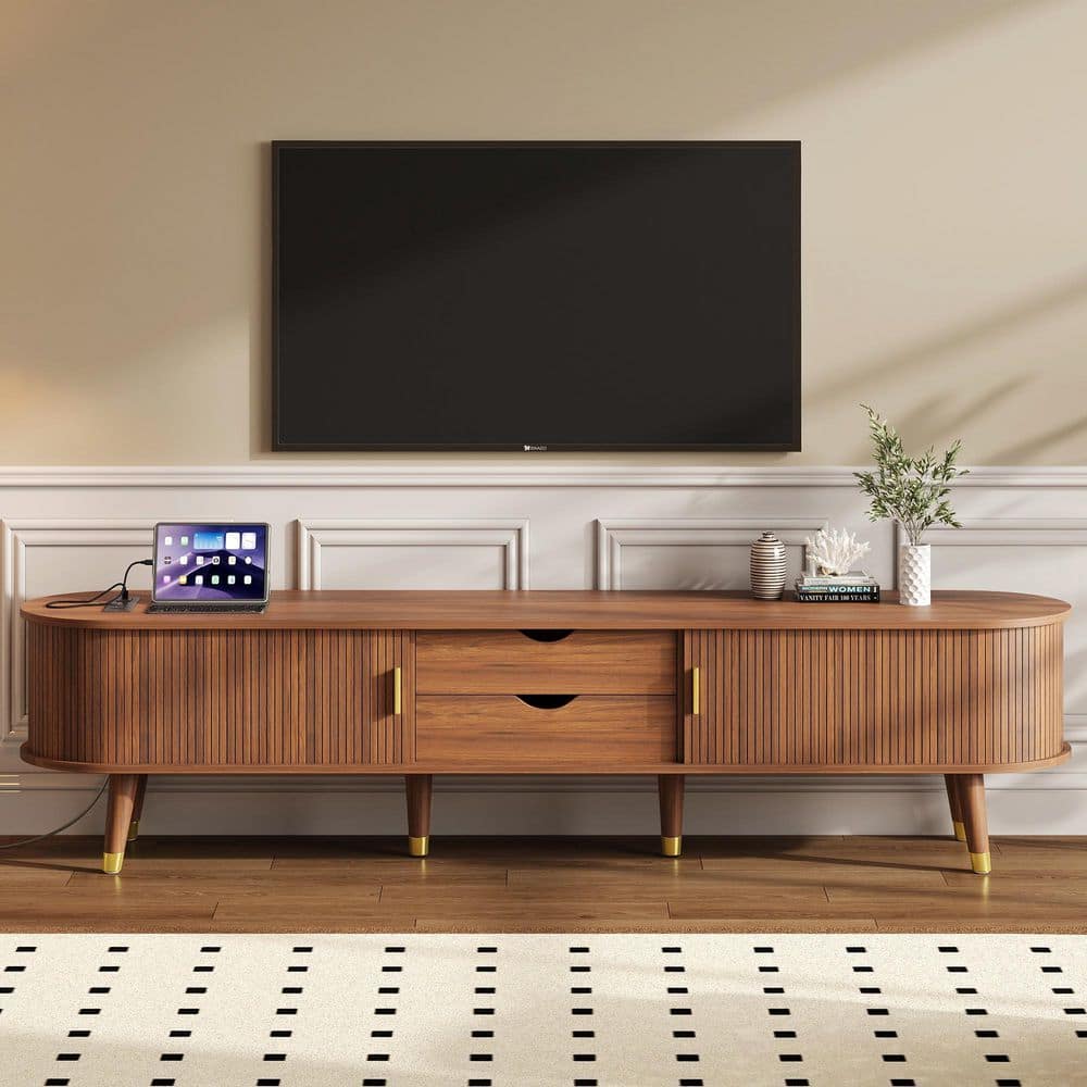 Seafuloy Walnut TV Stand Entertainment Center Fits TVs Up to 80 in ...