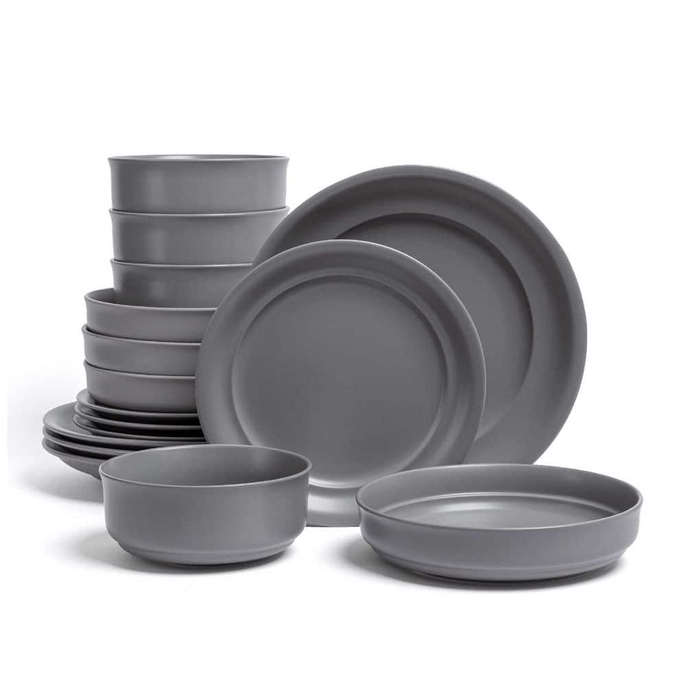 Rimmed 16-Piece Semi-Matte Charcoal Hand-Finished Stoneware Dinnerware ...