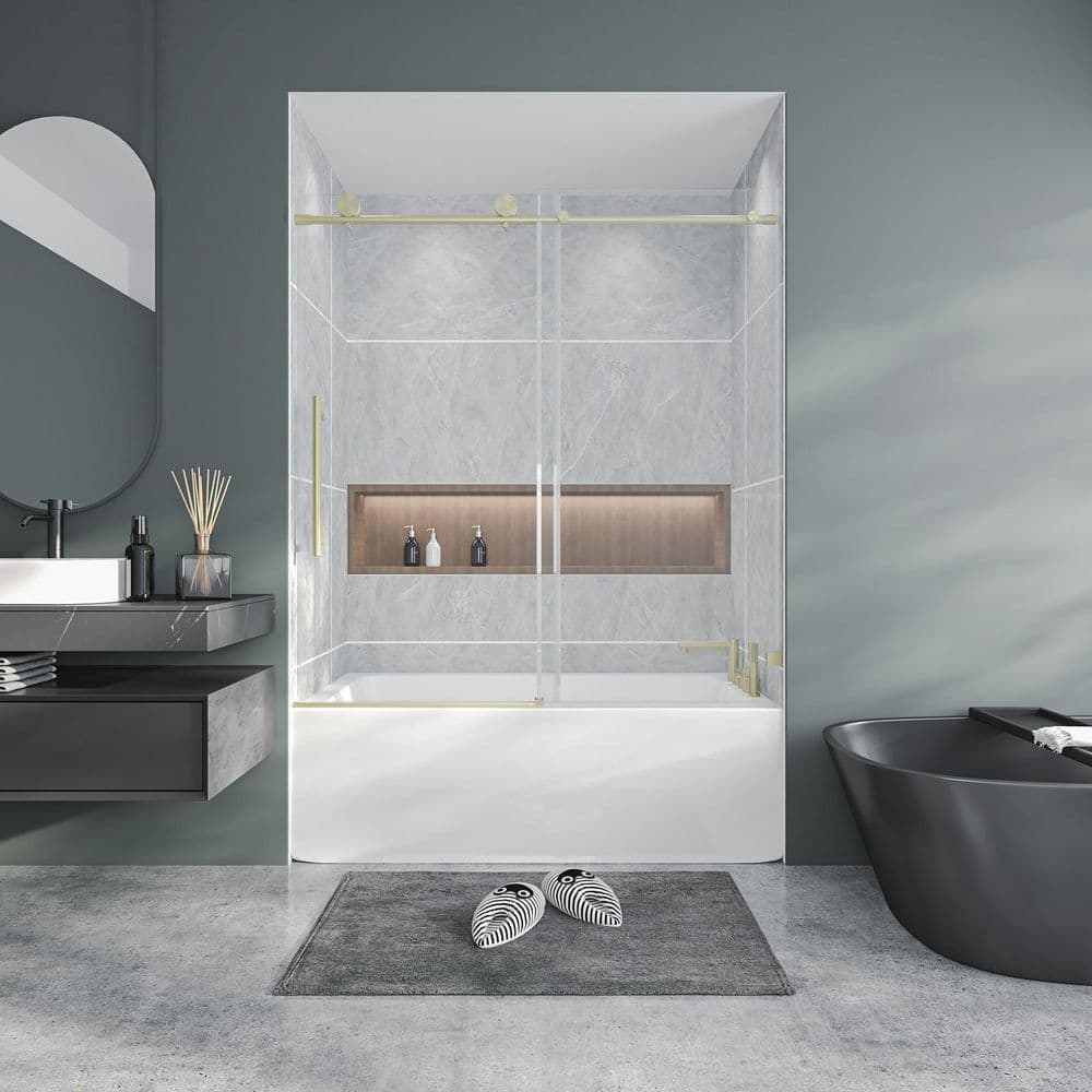 LIVACA 56-60 in. W x 60 in. H Single-Sliding Frameless Tub Door in ...