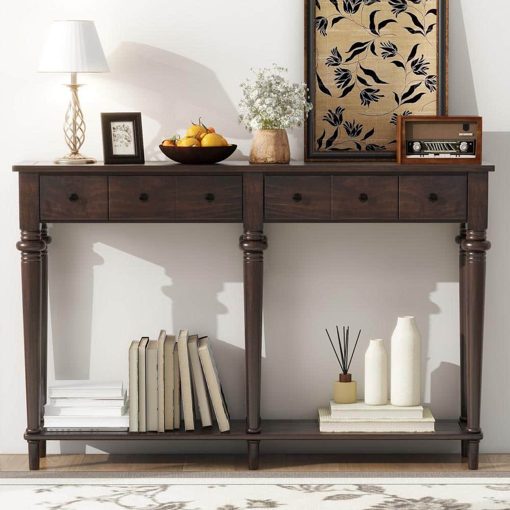Qualler 59.8 in. Espresso Rectangle MDF Console Table with 4 Drawers ...
