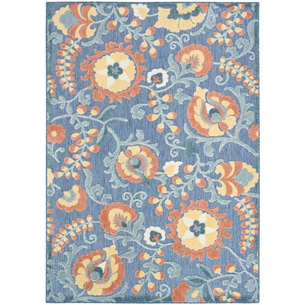 Nourison Aloha Blue Rose 8 ft. x 11 ft. Floral Contemporary Area Rug ...