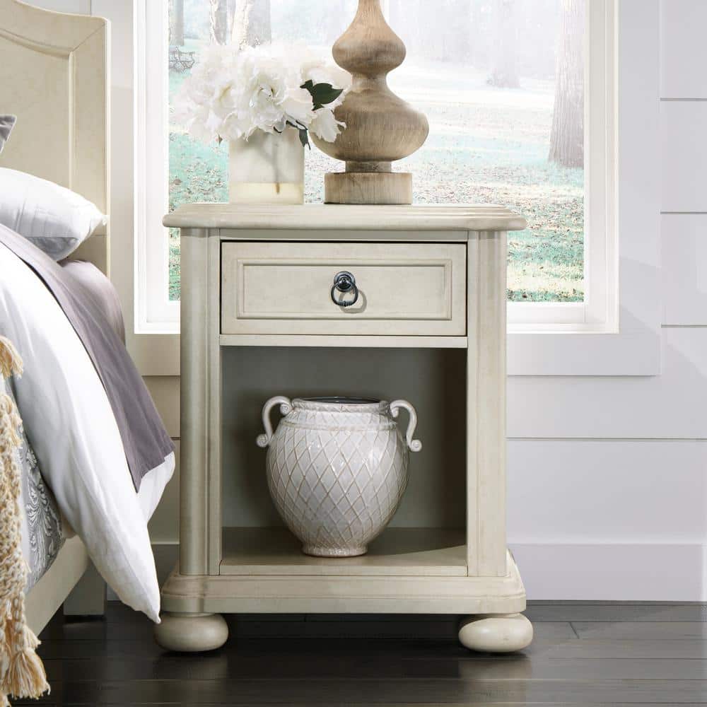 HOMESTYLES Provence 1-Drawer Off-White Nightstand 28 in. H x 23.5 in. W ...