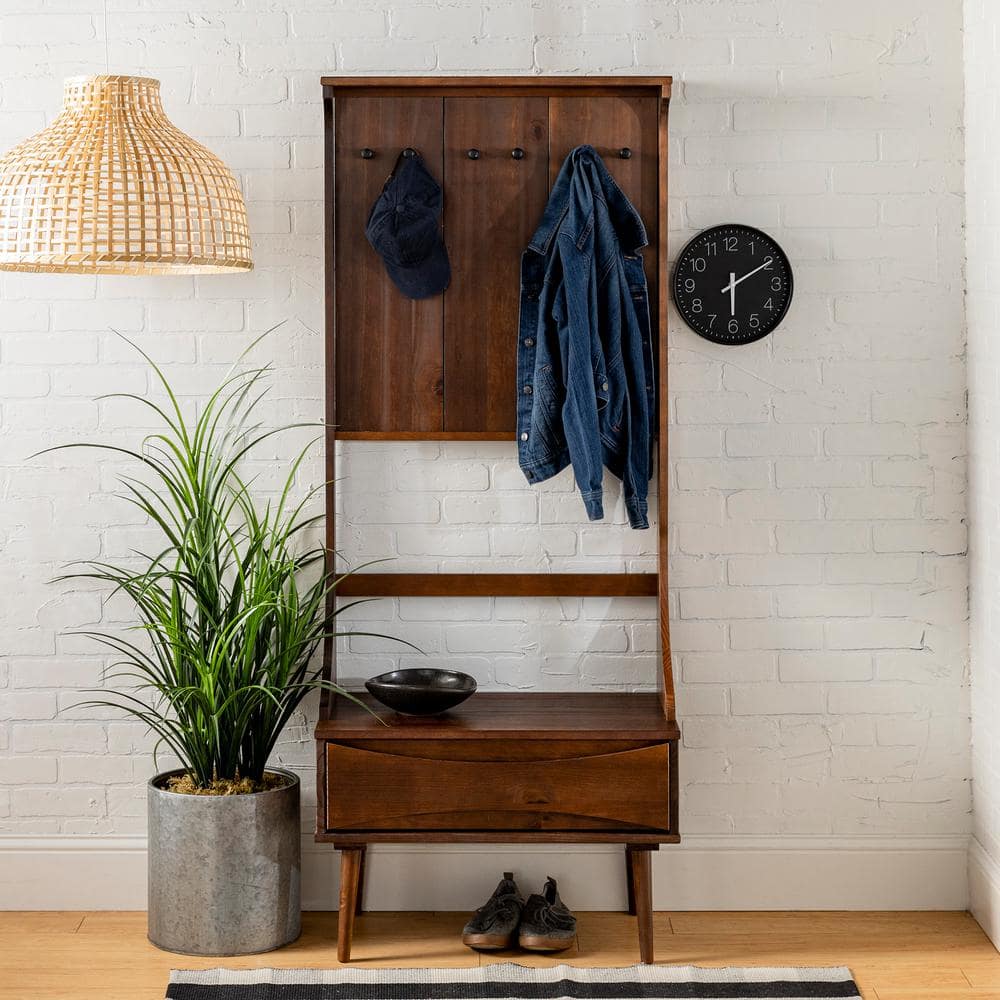 Welwick Designs 68 in. Walnut with Drawer Solid Wood Hall Tree HD8509