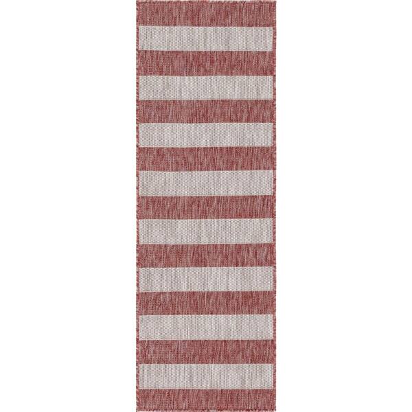 Unique Loom Outdoor Distressed Stripe Rust Red 2 ft. x 6 ft. Runner Rug ...