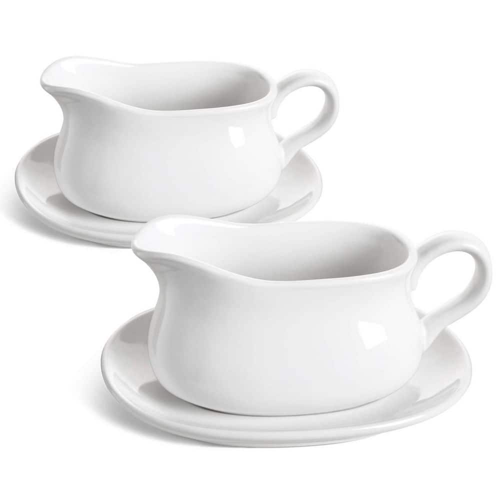 Wudkey 16 oz. White Ceramic Sauce Gravy Boat Set of 2 with Tray for ...