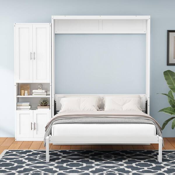 Harper & Bright Designs White Wood Frame Queen Size Murphy Bed, Folding ...