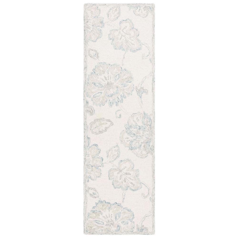 SAFAVIEH Micro-Loop Ivory/Blue 2 ft. x 8 ft. Abstract Floral Runner Rug ...