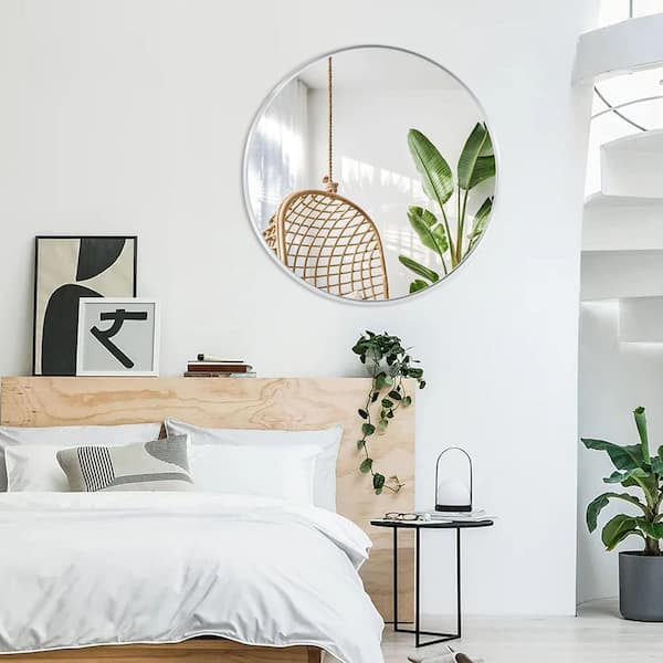 Silver 36 in W x 36 in. H Classic Round Aluminium and MDF Framed Mirror ...