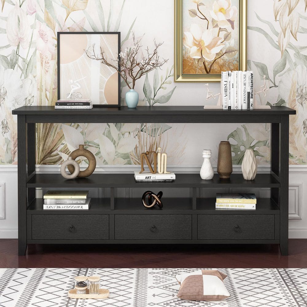 Karl home 57.8 in. Black Rectangle MDF Console Table with 3-Drawers and ...