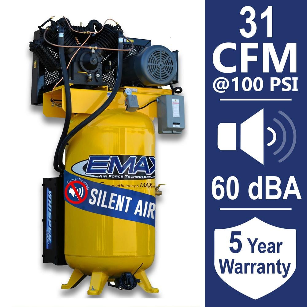 EMAX Silent Air Industrial E450 Series 80 Gal. 175 psi 7.5 HP 31 CFM 3 ...