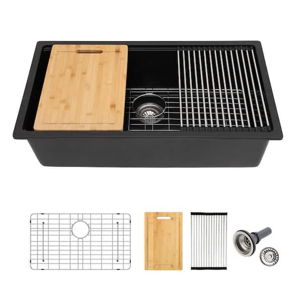 KIBI 33in. Undermount Single Bowl Matte Black Quartz Workstation ...