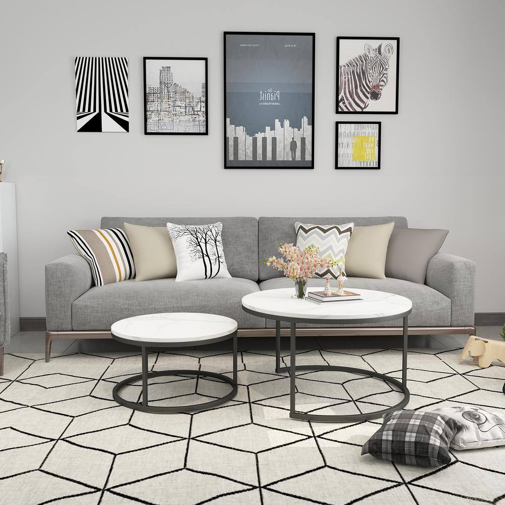 CIPACHO 29 .5 in. Black Metal Frame Marble Color Top Round MDF Wood ...