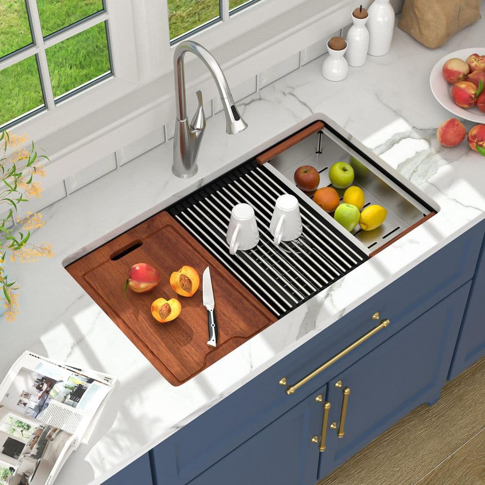 LORDEAR Quartz Composite 33 in. x 19 in. Black Undermount 50/50 Double ...