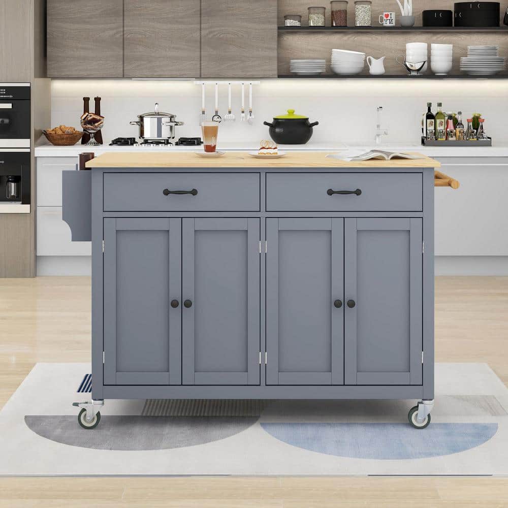 YOFE Blue Kitchen Island Cart with Solid Wood Top & Locking Wheel 4 ...
