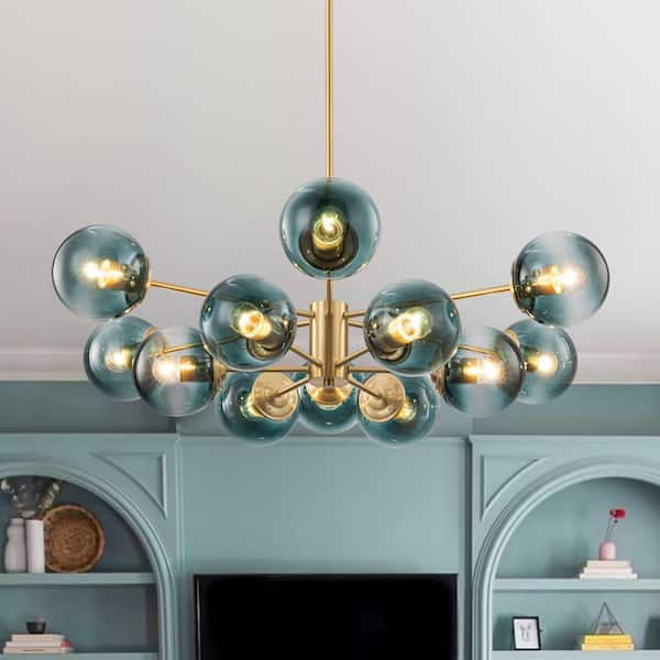 HUOKU Ceder 12-Light 35.4 in.W Brass and Blue Modern Sputnik Tiered ...