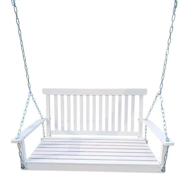 JUJABU White 2-Person Wood Patio Swing with Armrests for Outdoor Yard ...