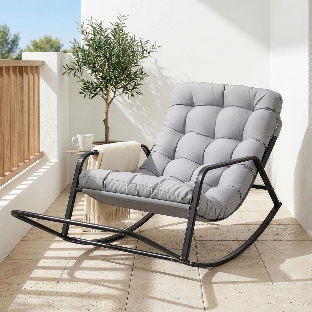 Oversized Gray Metal Outdoor Rocking Chair Papasan Lounge Chair with ...