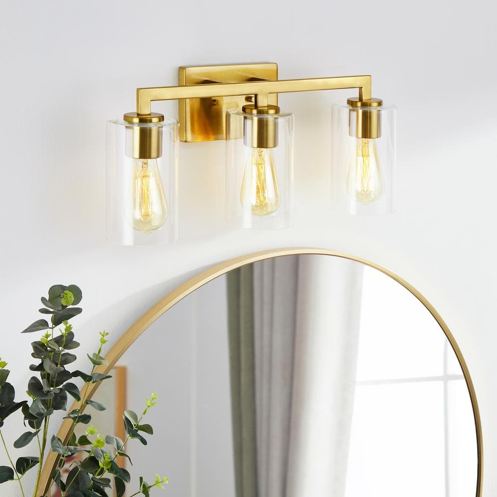KAWOTI 20.75 in. 3-Light Antique Brass Vanity Light with Clear Glass ...