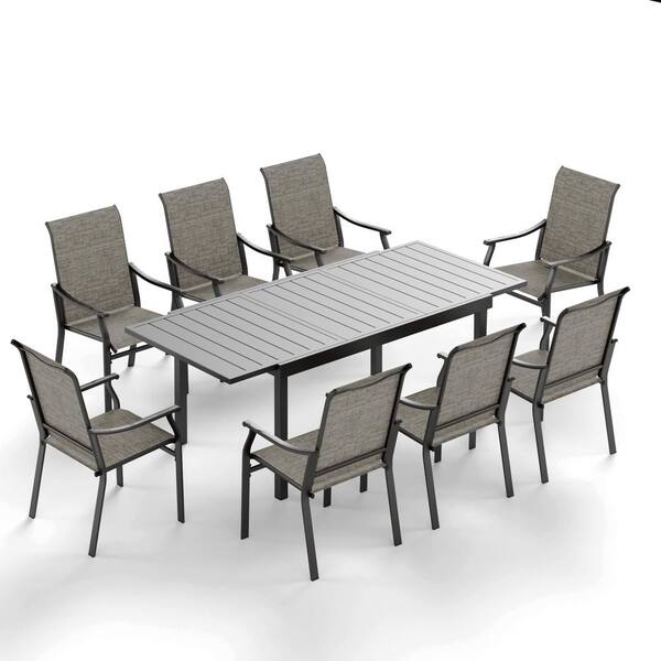 PHI VILLA Black 9-Piece Metal Expandable Table Patio Outdoor Dining Set ...