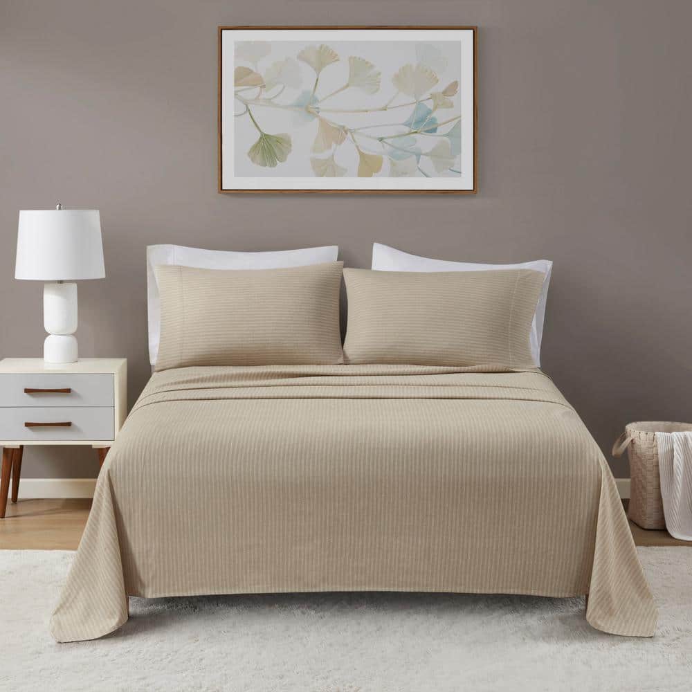 Beautyrest Oversized Cotton Flannel 4-Piece Beige/White Stripes Queen ...