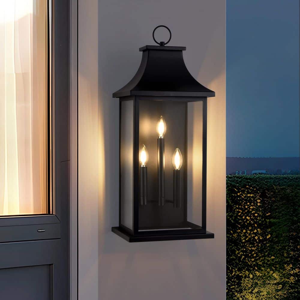 HKMGT 28 in. Tall 3-Light Black Outdoor Hardwired Wall Lantern Scone ...