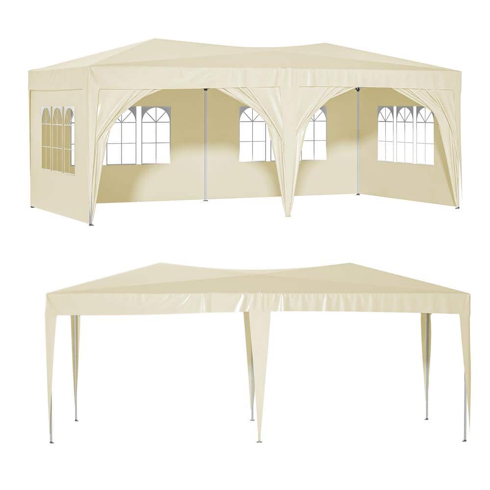 Wiilayok 10 ft. x 20 ft. Beige Pop Up Canopy Tent with 6 Removable Sidewalls and 4 Windows HD ...