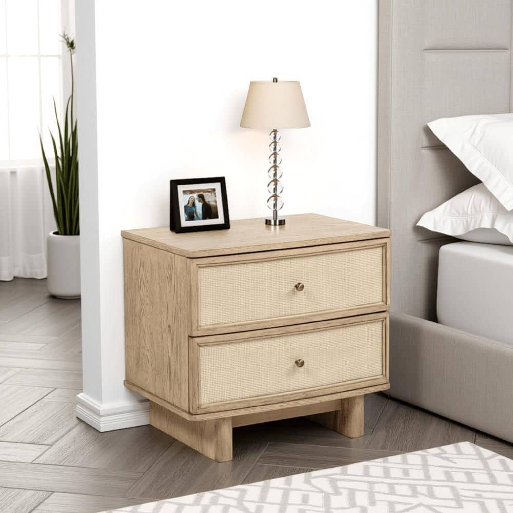 Benjara Lno Oak Beige 2-Drawer 27 in. W Nightstand with Knobs and USB ...