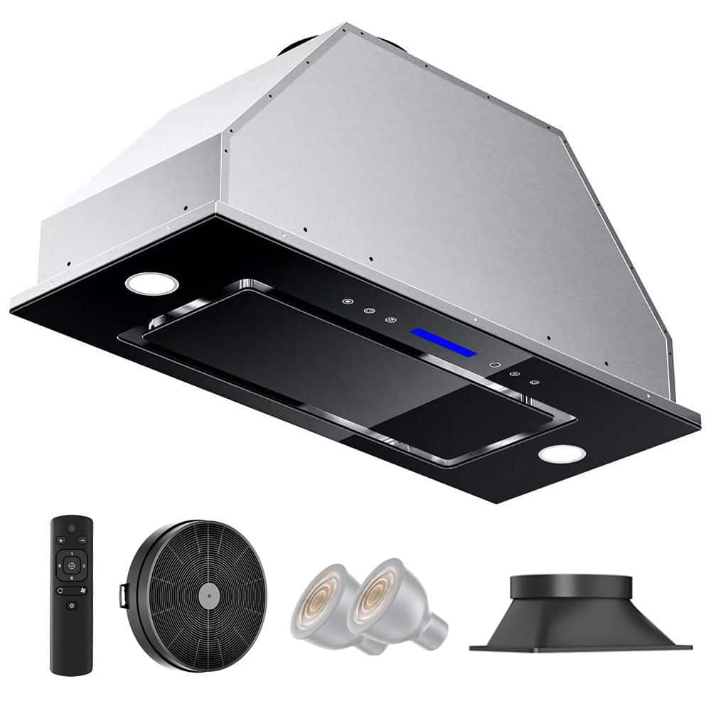 HGUOQ 36 in. 400CFM Convertible Ductless to Ducted Insert Range Hood in Stainless Steel with LED ...