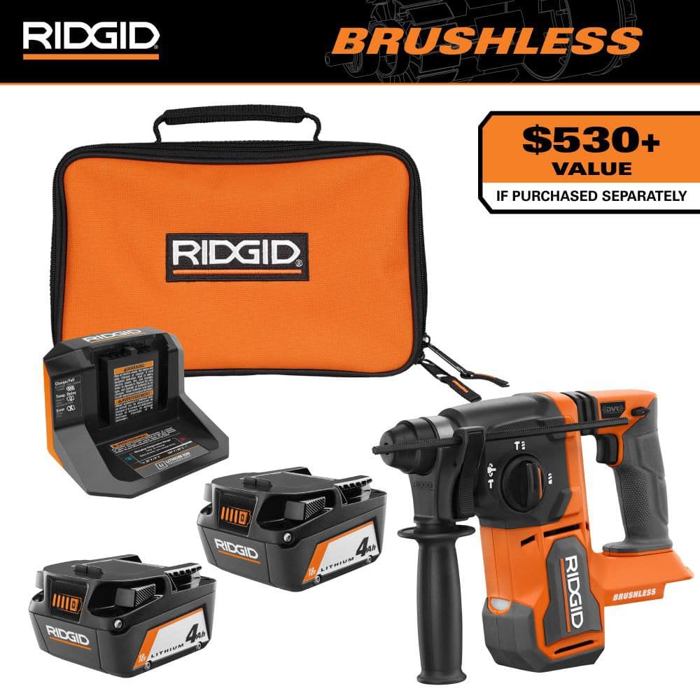 RIDGID 18V Brushless Cordless 1 in. SDS-Plus Rotary Hammer with 18V (2 ...